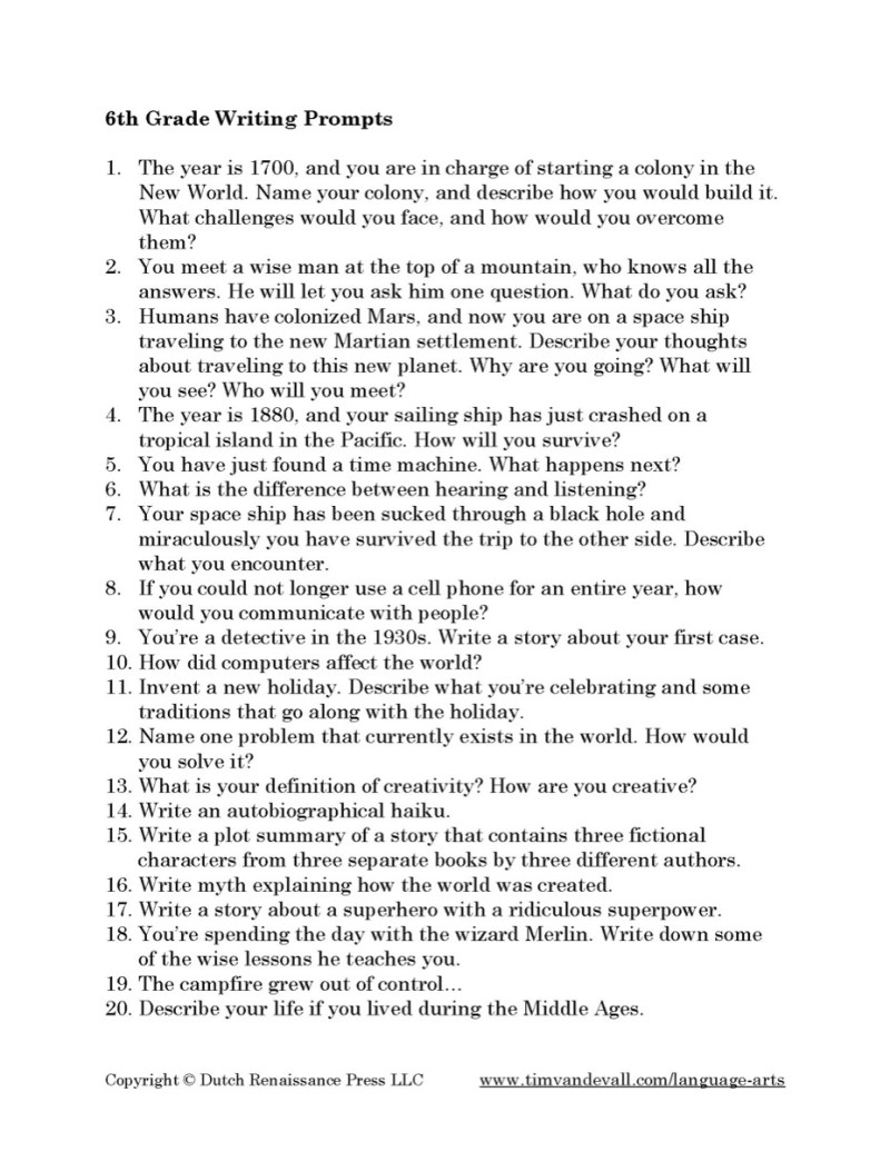 6th Grade Writing Prompts - Tim's Printables