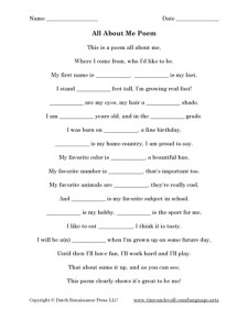 All About Me Poem PDF, Language Arts Worksheets