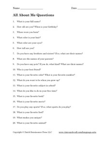 All About Me Questions PDF, Language Arts Worksheets