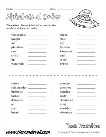 Alphabetical Order Worksheet - Tim's Printables