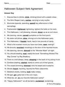Halloween Subject-Verb Agreement Worksheet - Tim's Printables