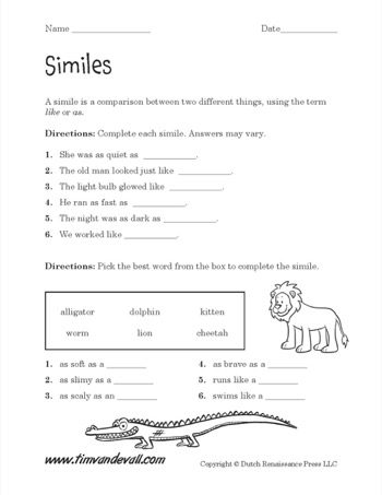 Simile Worksheet - Tim's Printables