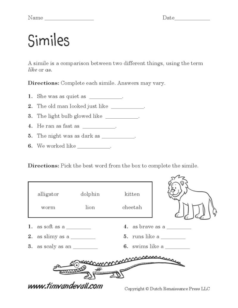 Simile Worksheet - Tim's Printables