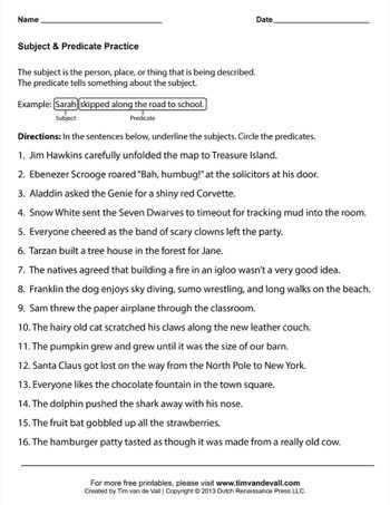 Subject and Predicate Worksheet - Tim's Printables