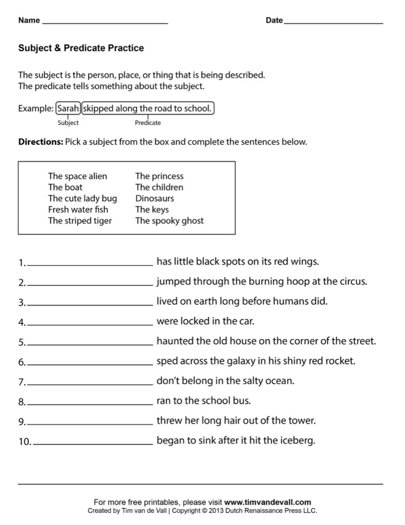 Subject and Predicate Worksheet - Tim's Printables