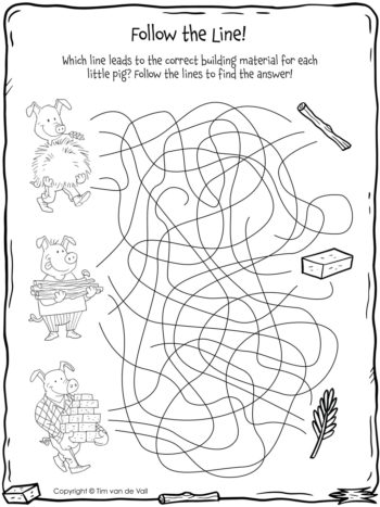 Three-Little-Pigs-Follow-the-Line-bw - Tim's Printables